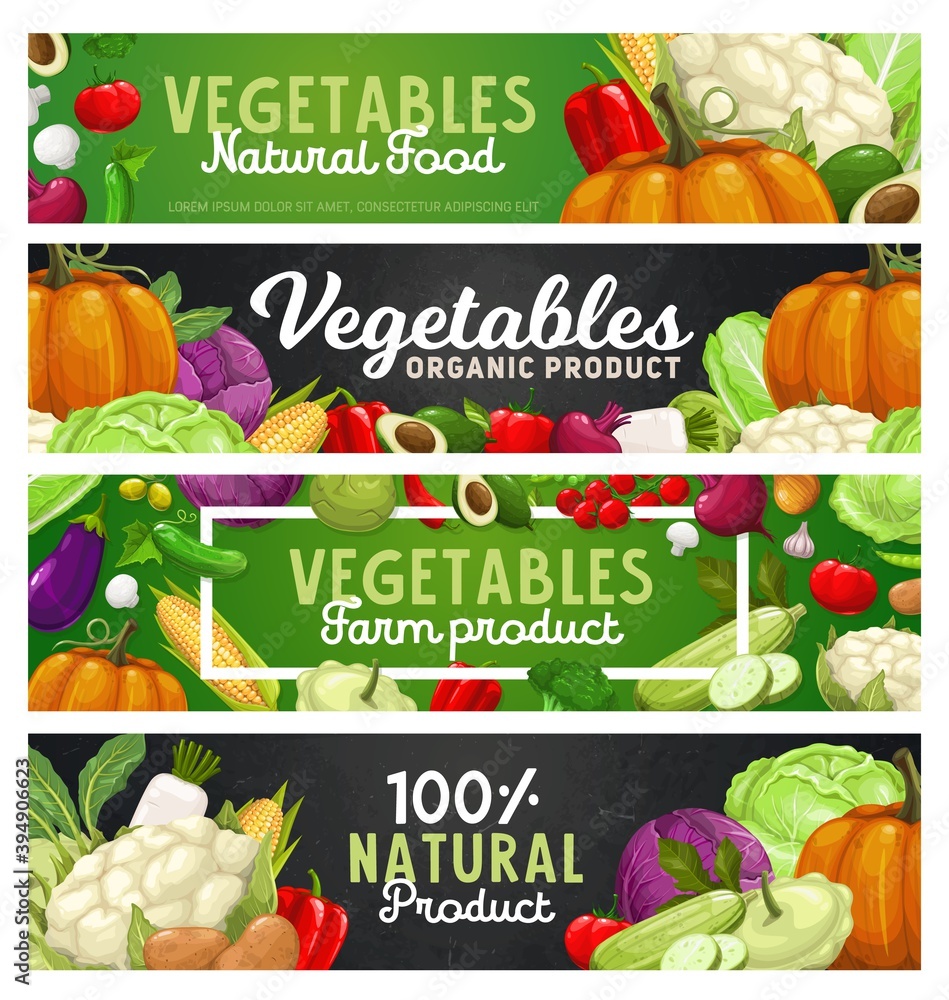 Vegetables and farm veggies, food harvest products, vector banners ...