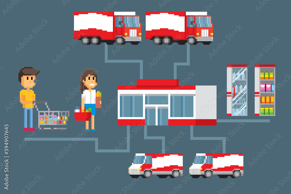 Supermarket infographic. Pixel art. Old school computer graphic. 8 bit ...