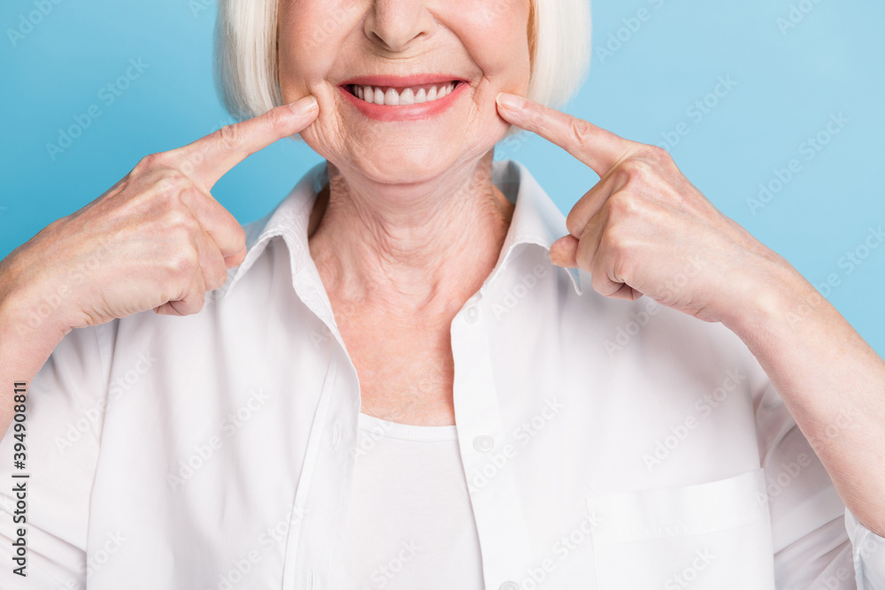 Cropped closeup photo of old lady showing white teeth healthy smile ...