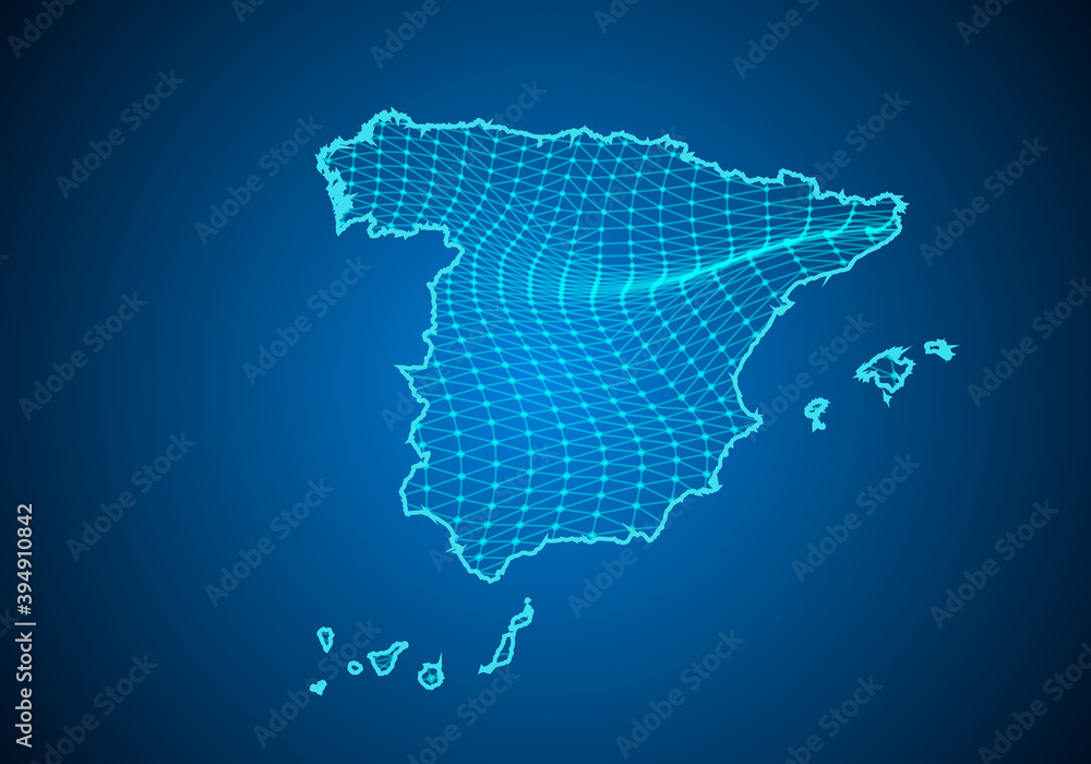 Abstract digital map of spain with particles dots and line. polygonal ...