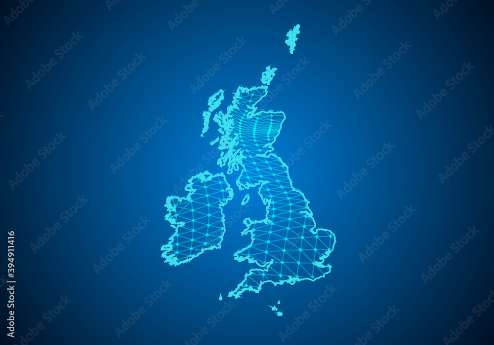 Abstract digital map of united Kingdom with particles dots and line ...