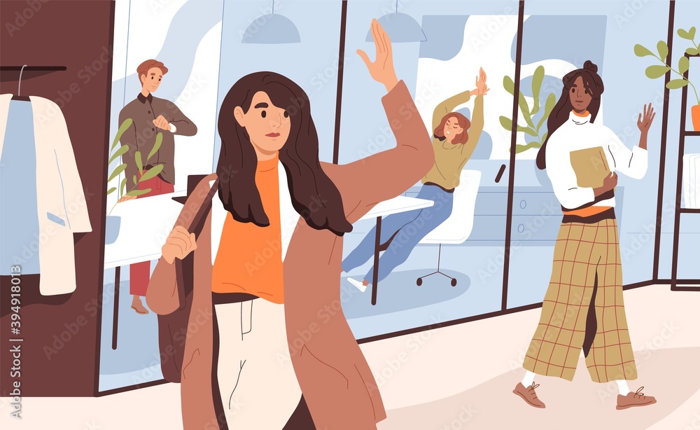 Young woman saying goodbye to colleagues and going home after end of ...