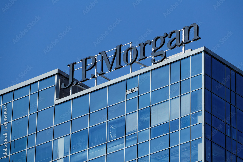 Warsaw/Poland, April 8, 2018: Sun is reflected in J.P. Morgan ...