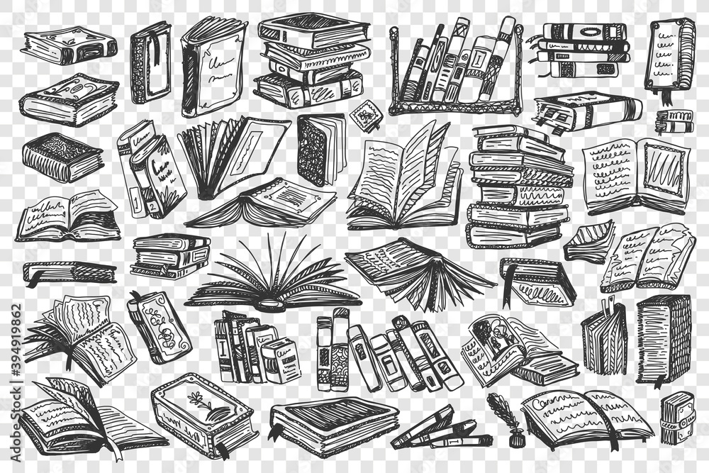 Books doodle set. Collection of book covers and pages of educational ...