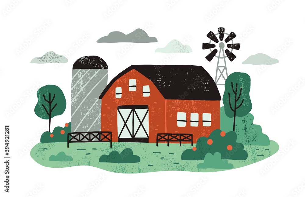 Farm landscape with barn or hangar, windmill, silage tower, green ...