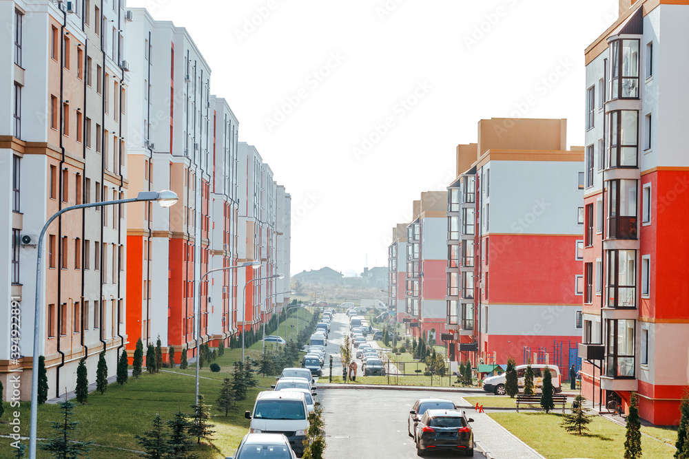 multi-storey complex of new buildings from balcony, Top view of ...