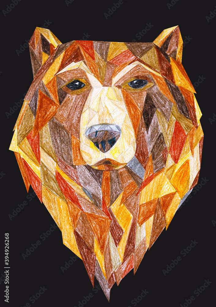 Hand drawing bear by color pencils on dark background. Bright light ...