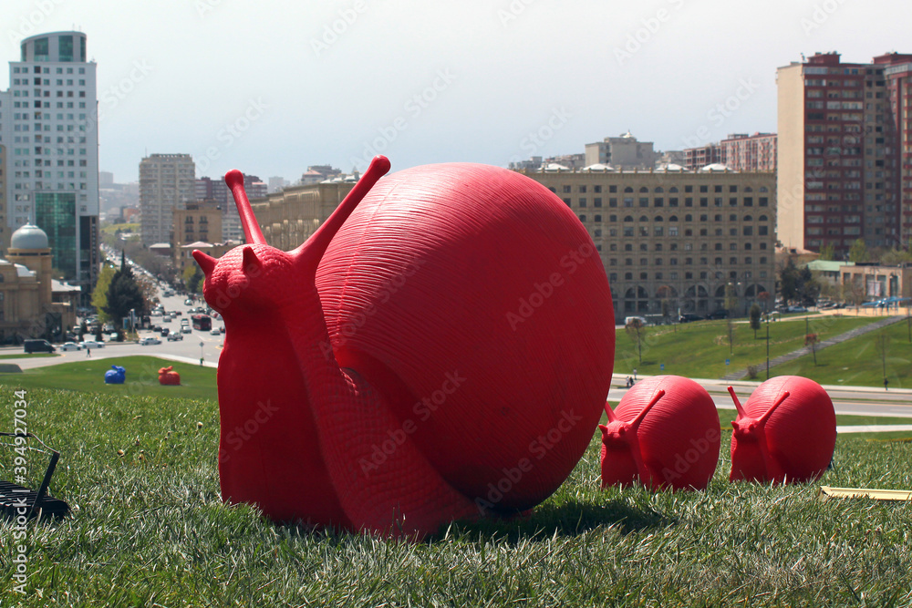 BAKU, AZERBAIJAN - APRIL 24, 2017: Big colorful snails as elements of ...