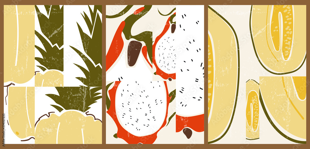 A set of three abstract backgrounds. Collage of fruits close-up. Bright ...