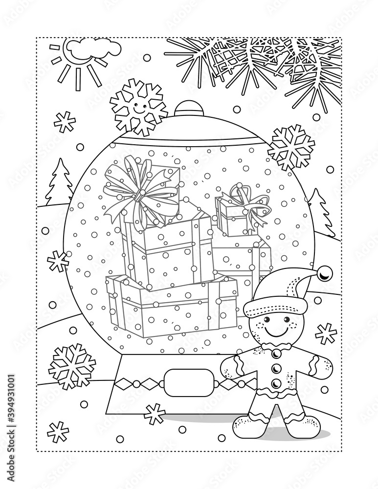 Snowglobe with heap of holiday presents and gingerbread man coloring ...