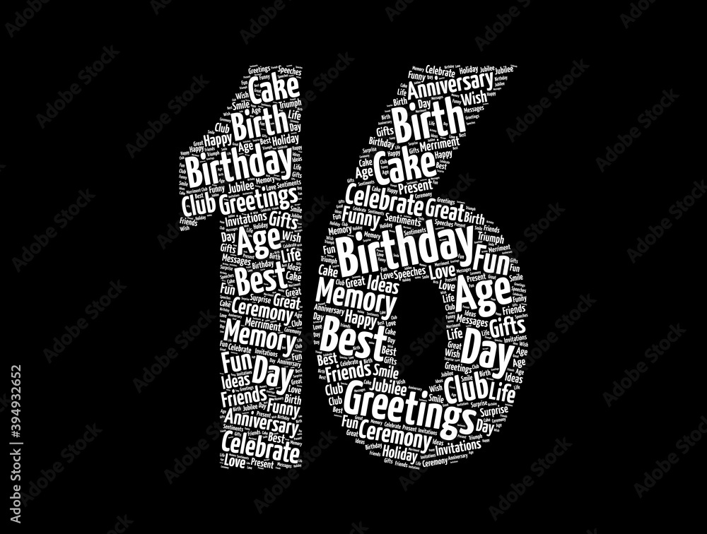 Happy 16th birthday word cloud, holiday concept background Stock Vector ...