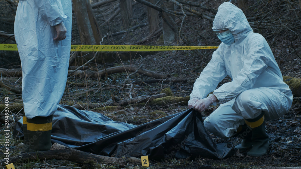 Detectives are collecting evidence in a crime scene. Forensic ...