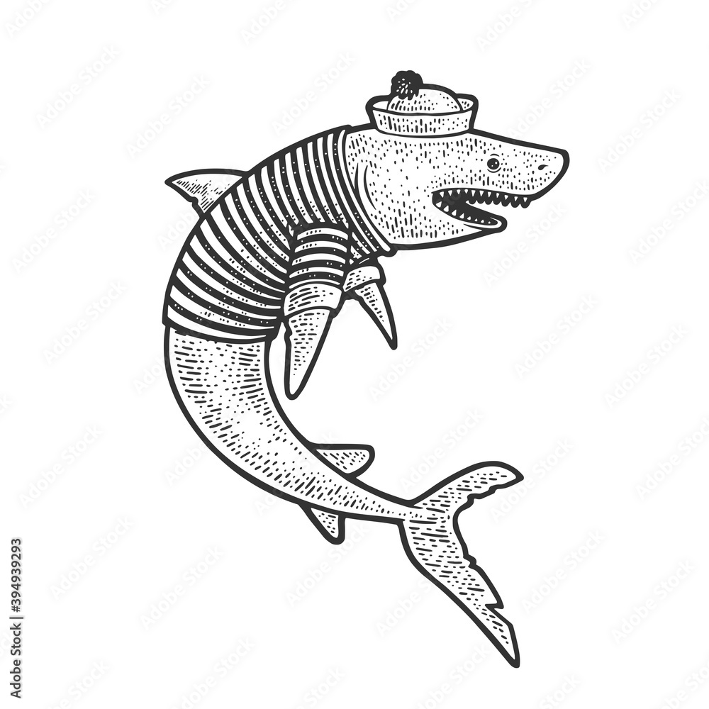 Cartoon shark sailor sketch raster illustration Stock Illustration ...
