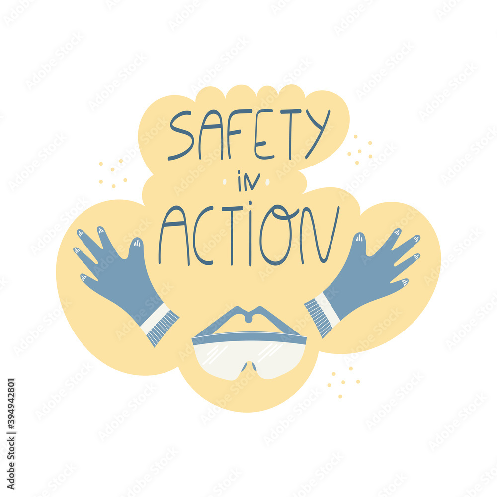 Safety in action handwritten phrase poster and sticker design vector ...