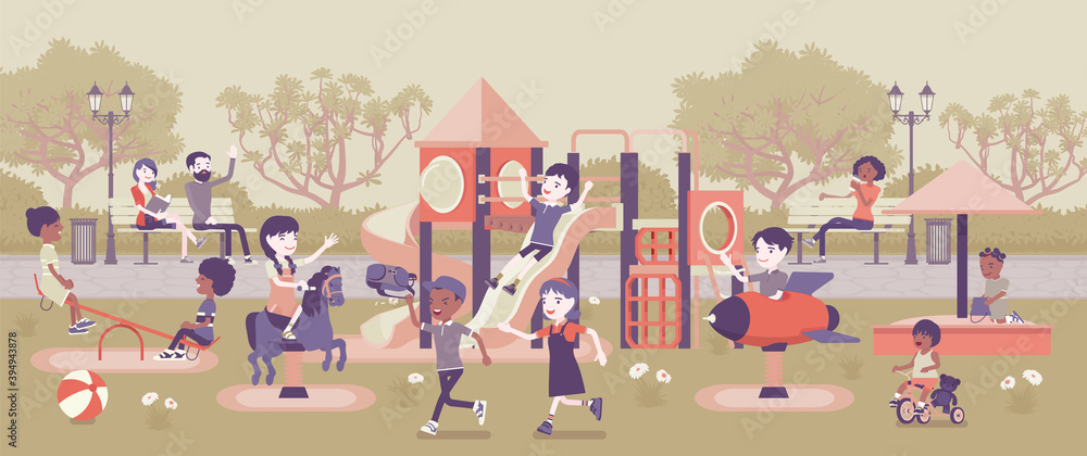 Kids playing in the playground, fun and leisure outside. Physically ...