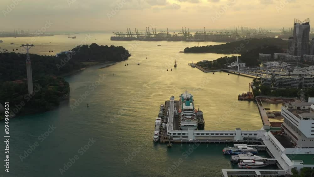 sunset sky singapore city famous cruise liner dock sentosa island cable ...