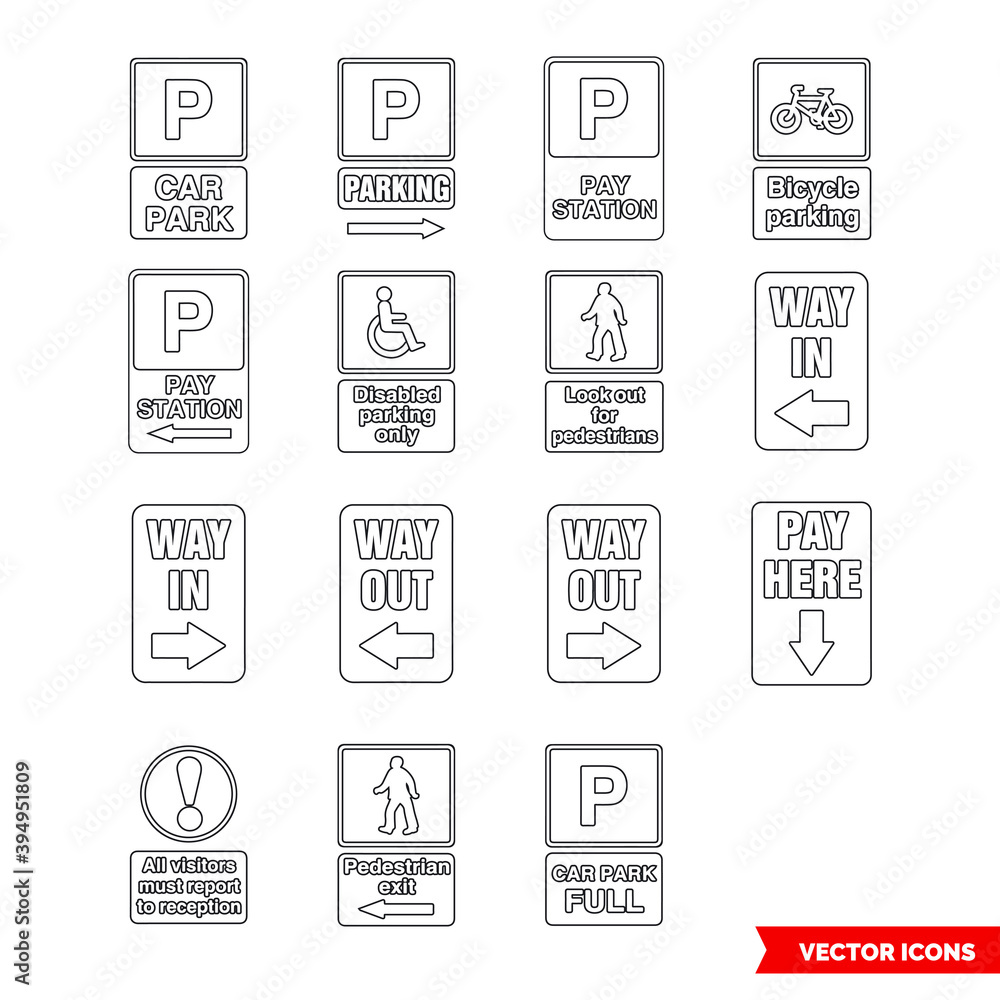 Parking information sign icon set of outline types. Isolated vector ...