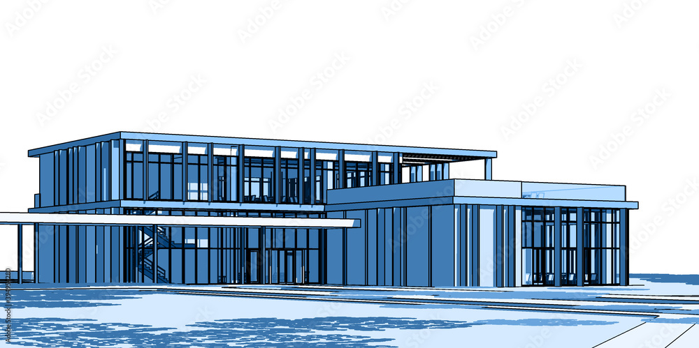 3D perspective of a two storey modern building in blue color tones ...