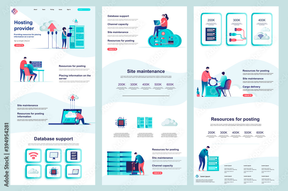 Hosting provider flat landing page. Database support, cloud data center ...