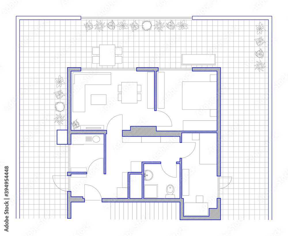 2d architectural plan of a small two bedroom house with a big terrace ...