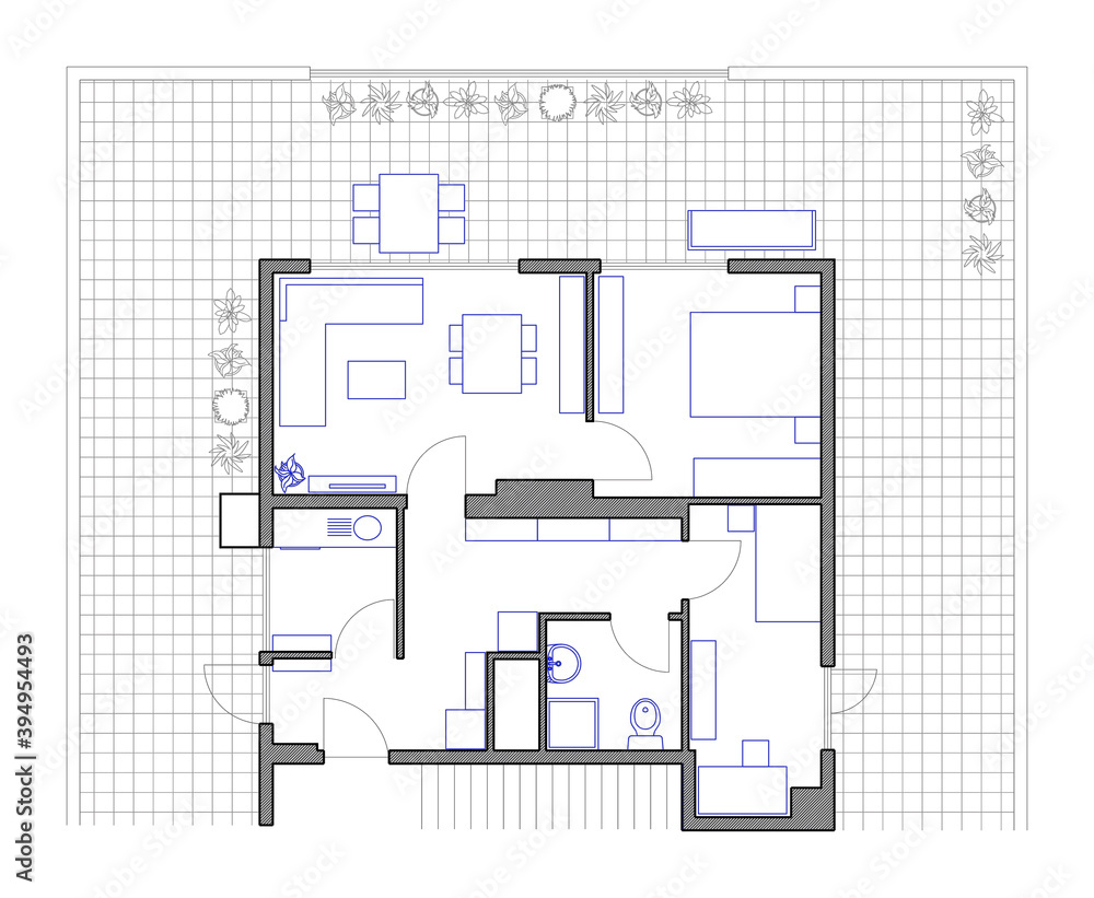 2d architectural plan of a small two bedroom house with a big terrace ...