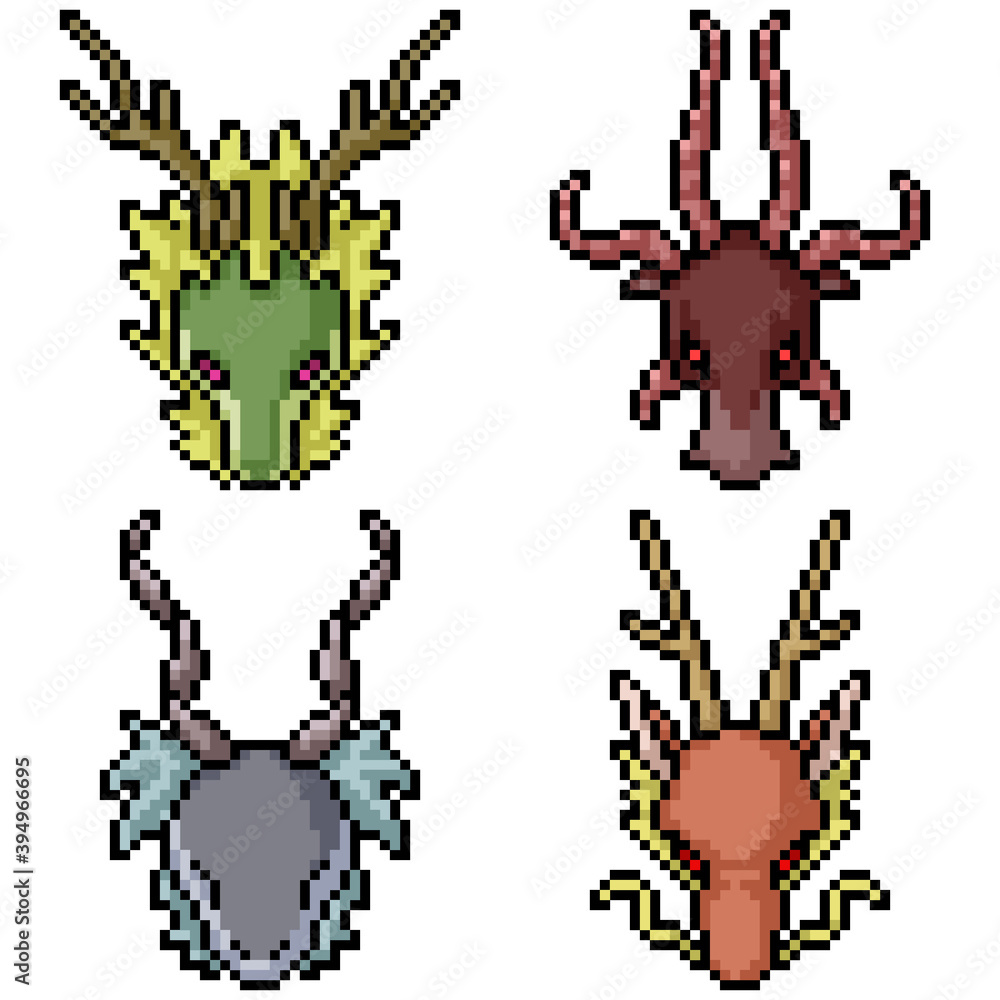 pixel art set isolated dragon head Stock Vector | Adobe Stock