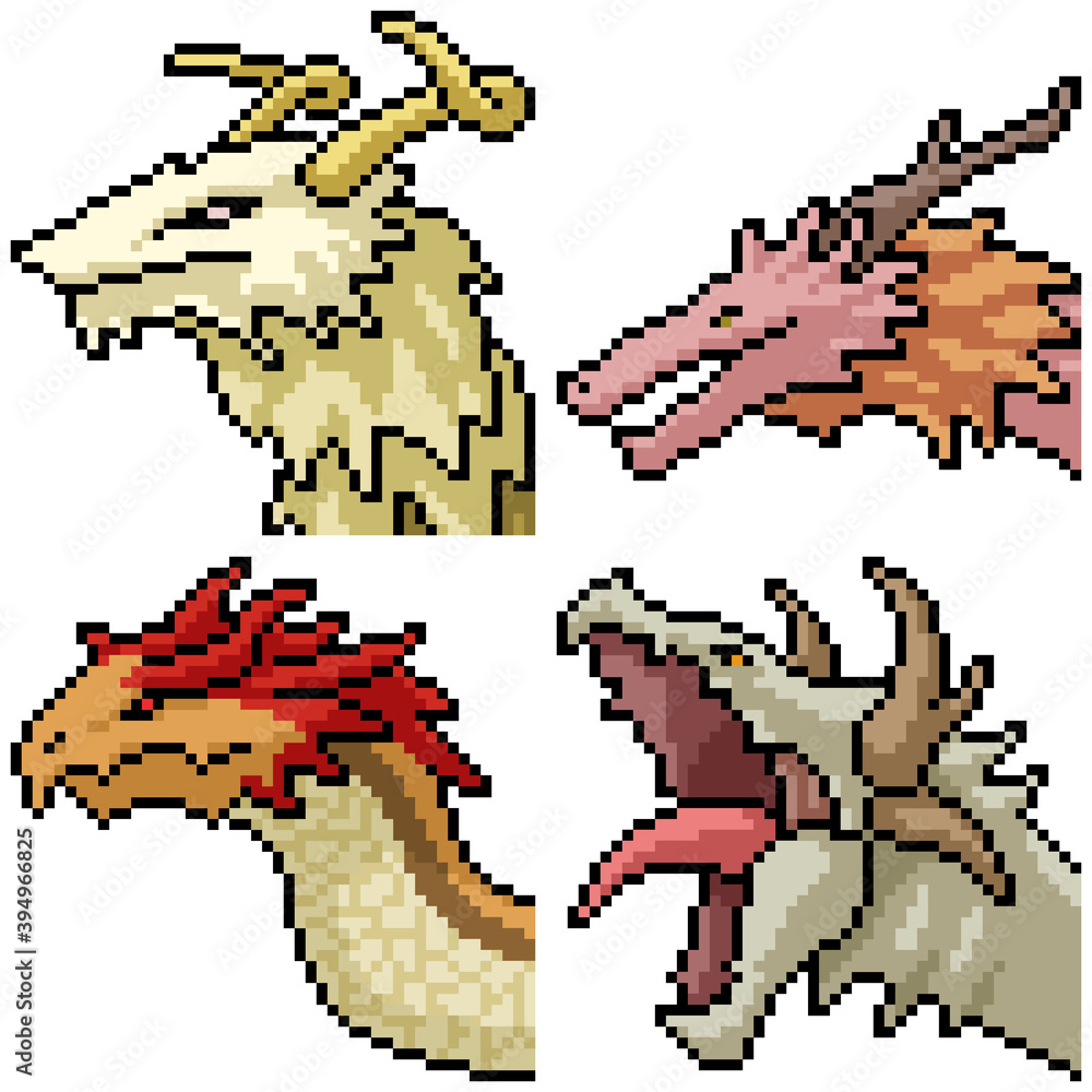 pixel art set isolated dragon portrait Stock Vector | Adobe Stock