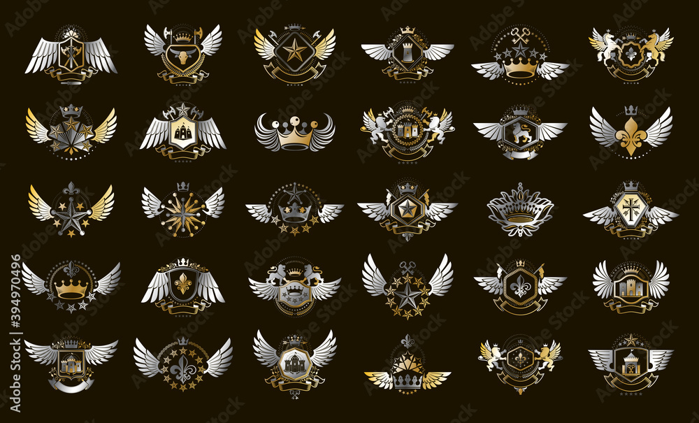 Classic style emblems big set, ancient heraldic symbols awards and ...