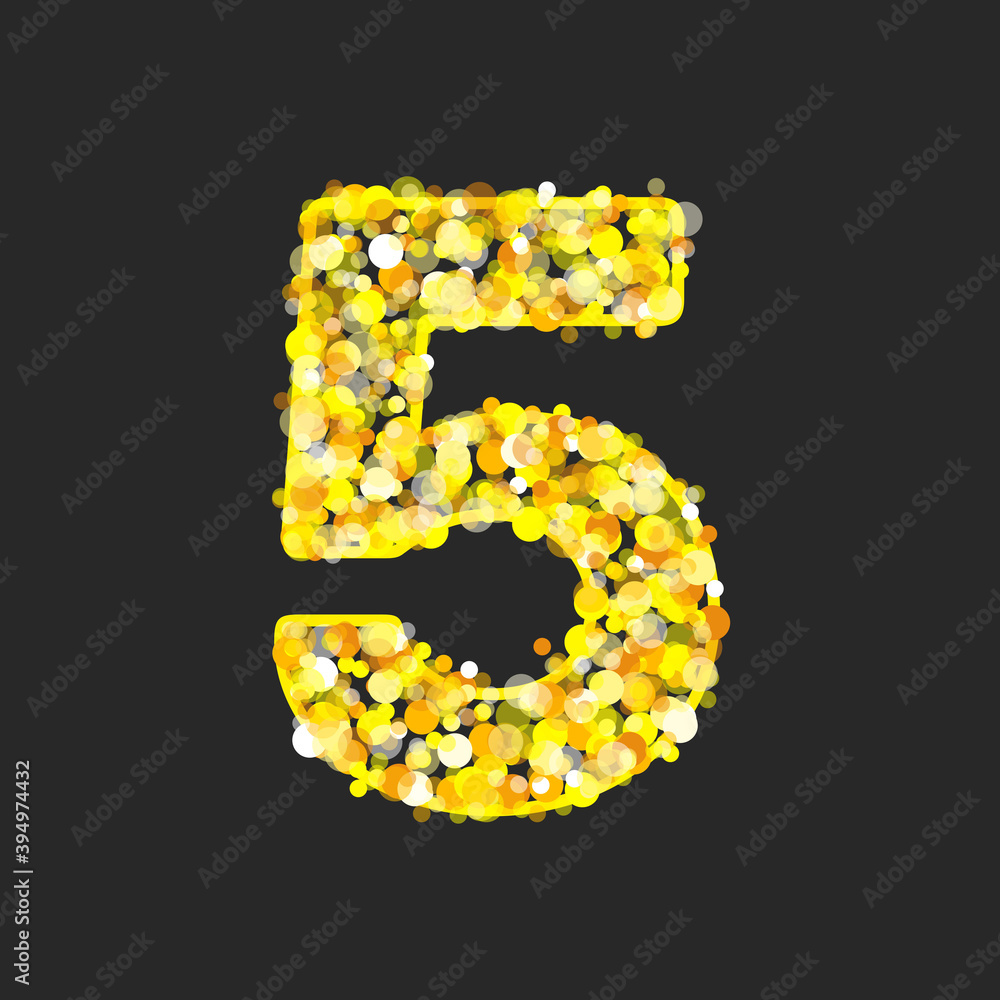 Gold glittering number five on black background. Shining golden number ...