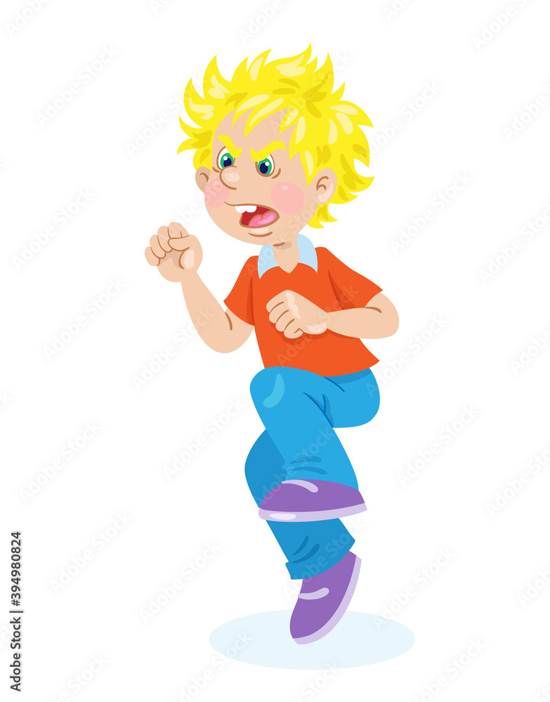 Children and emotions.The boy is angry clenching his fists. In cartoon ...