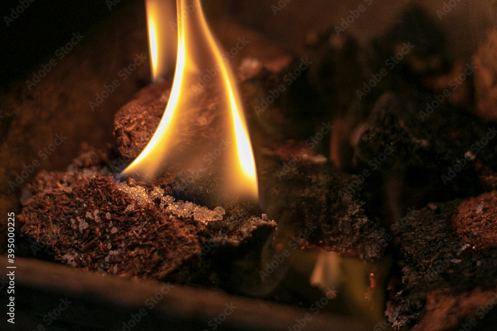 Fire Flame Cow dung Coal lit up with camphor during Worship of Diwali ...