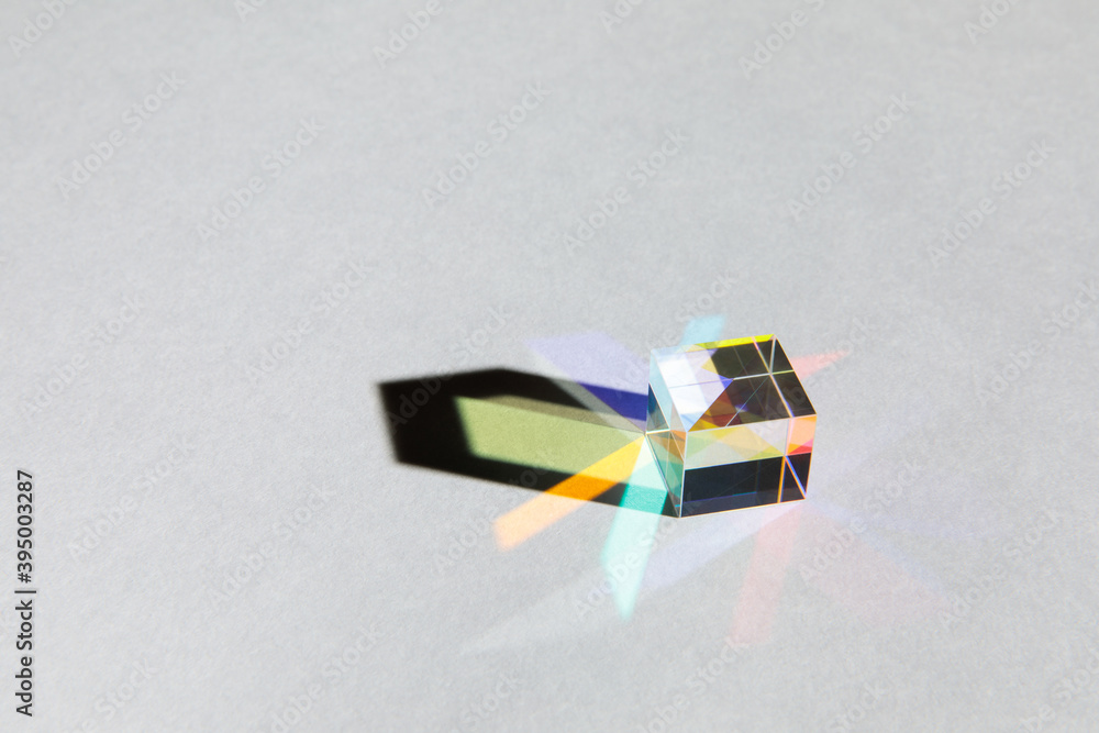Poster Glass cube prism with light diffraction of spectrum colors and ...