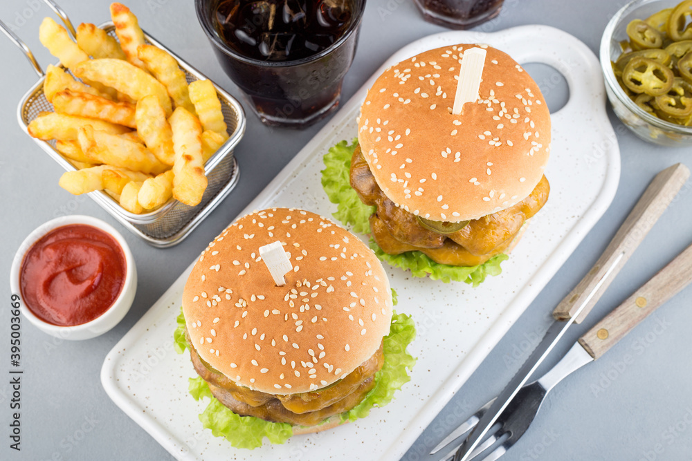 Homemade double cheese burger with two beef patty, cheddar cheese ...