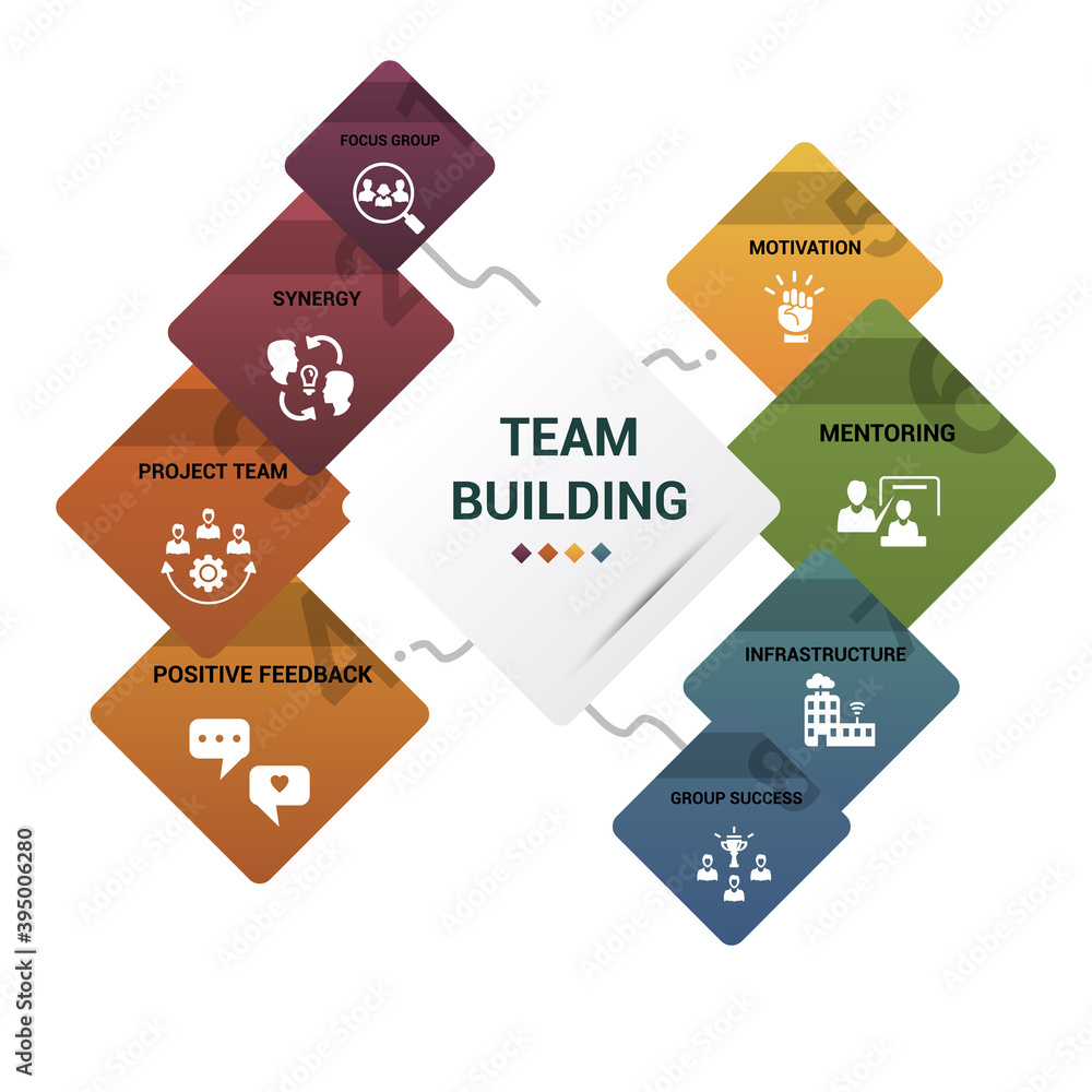 Infographic Team Building template. Icons in different colors. Include ...