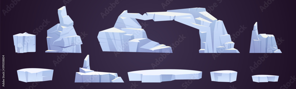 Cartoon ice floes, frozen iceberg pieces, glaciers of different shapes ...
