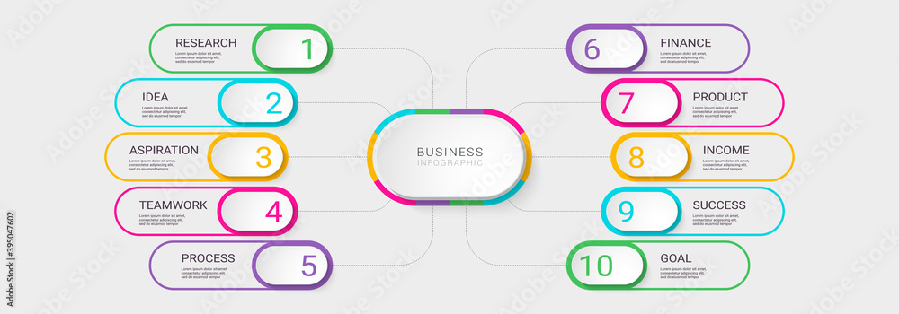 Modern 3D Infographic Template with 10 Steps. Business Process Chart ...
