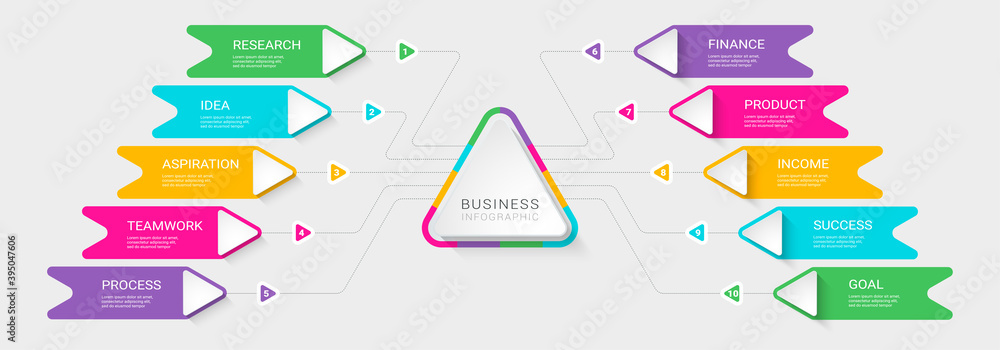Modern 3D Infographic Template with 10 Steps. Business Process Chart ...