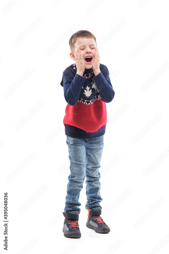 Excited young happy kid laughing and screaming with closed eyes and ...