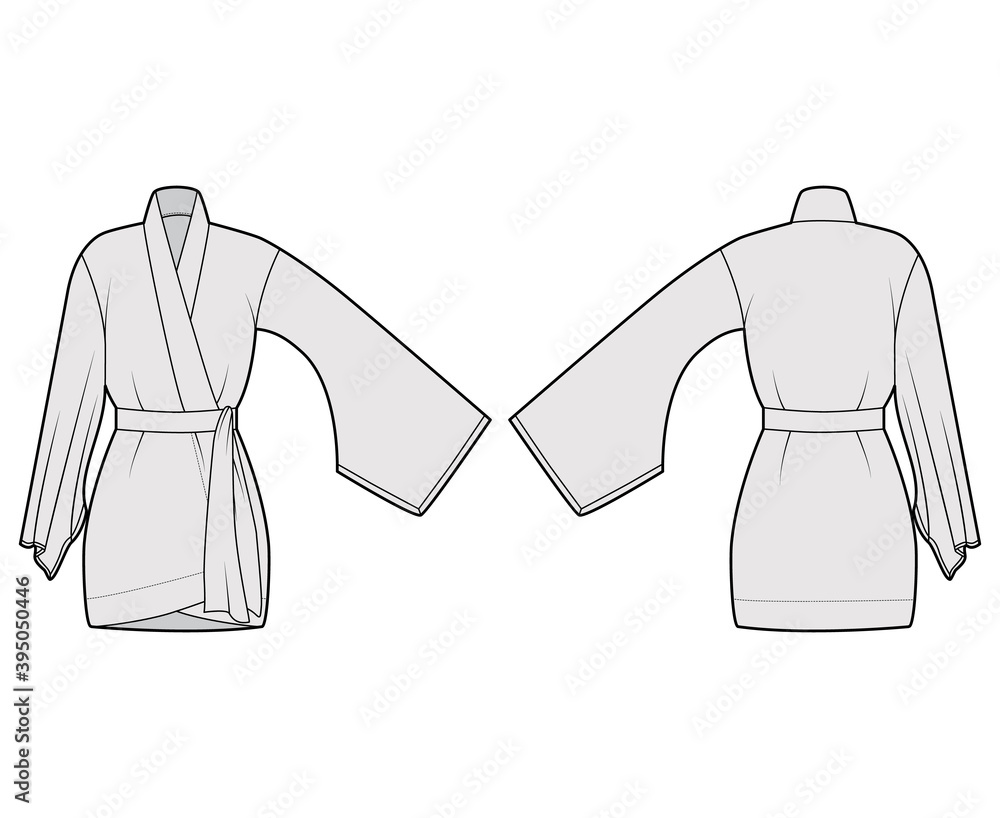 Kimono robe technical fashion illustration with long wide sleeves, belt ...
