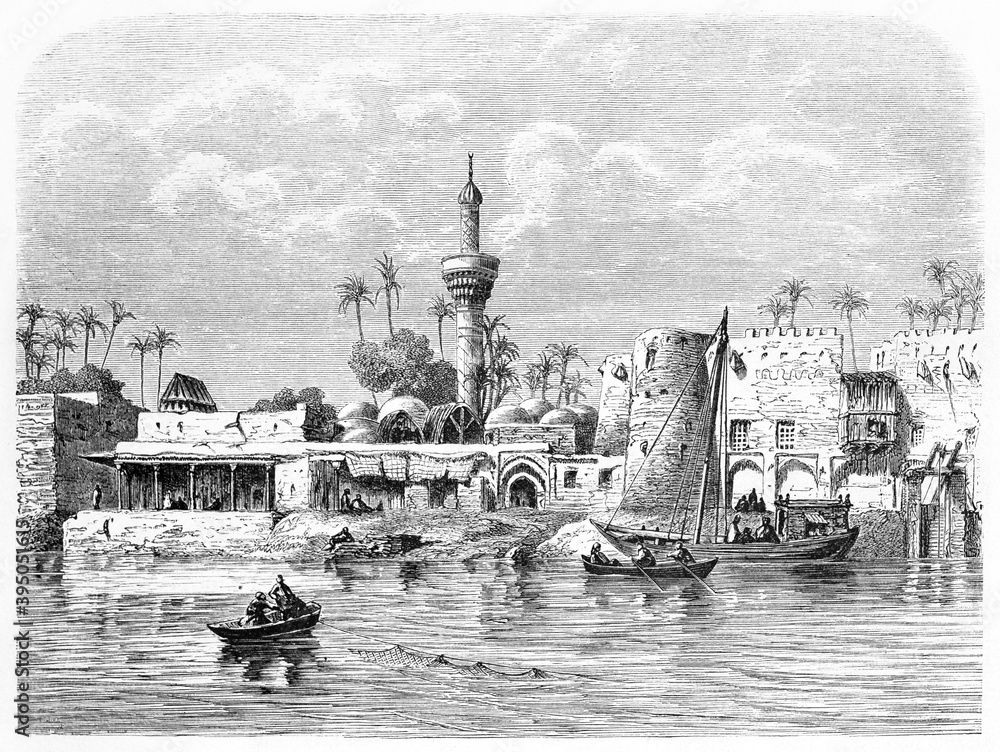 Arabian countryside and buildings in Hillah on the bank of the Euphrate ...