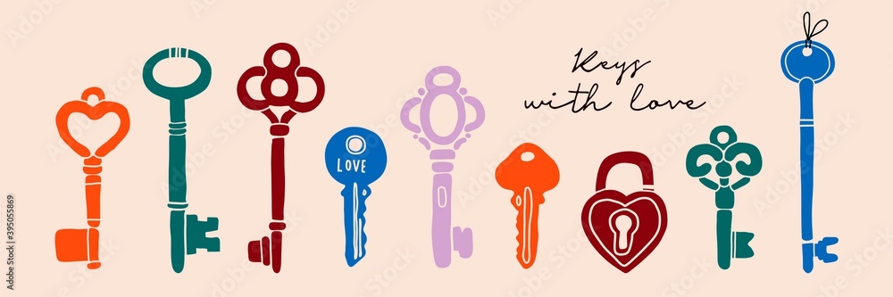 Hand drawn colored Vector Keys. Various vintage, antique and modern ...
