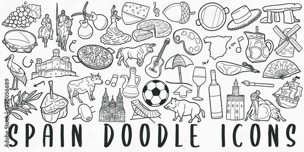 Spain doodle icon set. Spanish Style Vector illustration collection ...