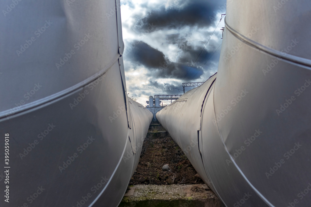 Daylight. Metal pipes covered with a special insulation to reduce heat ...