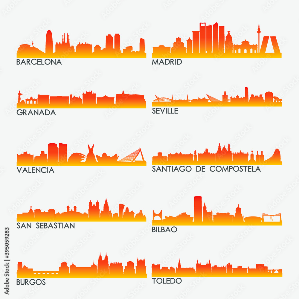 Spain Skyline City Silhouette Design Collection. Vector Illustration Set Clip Art. Stock Vector ...