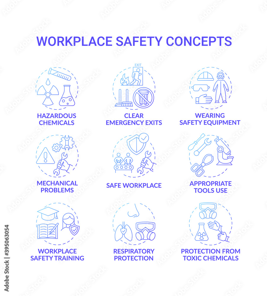 Workplace safety concept icons set. Protection from toxic chemicals ...