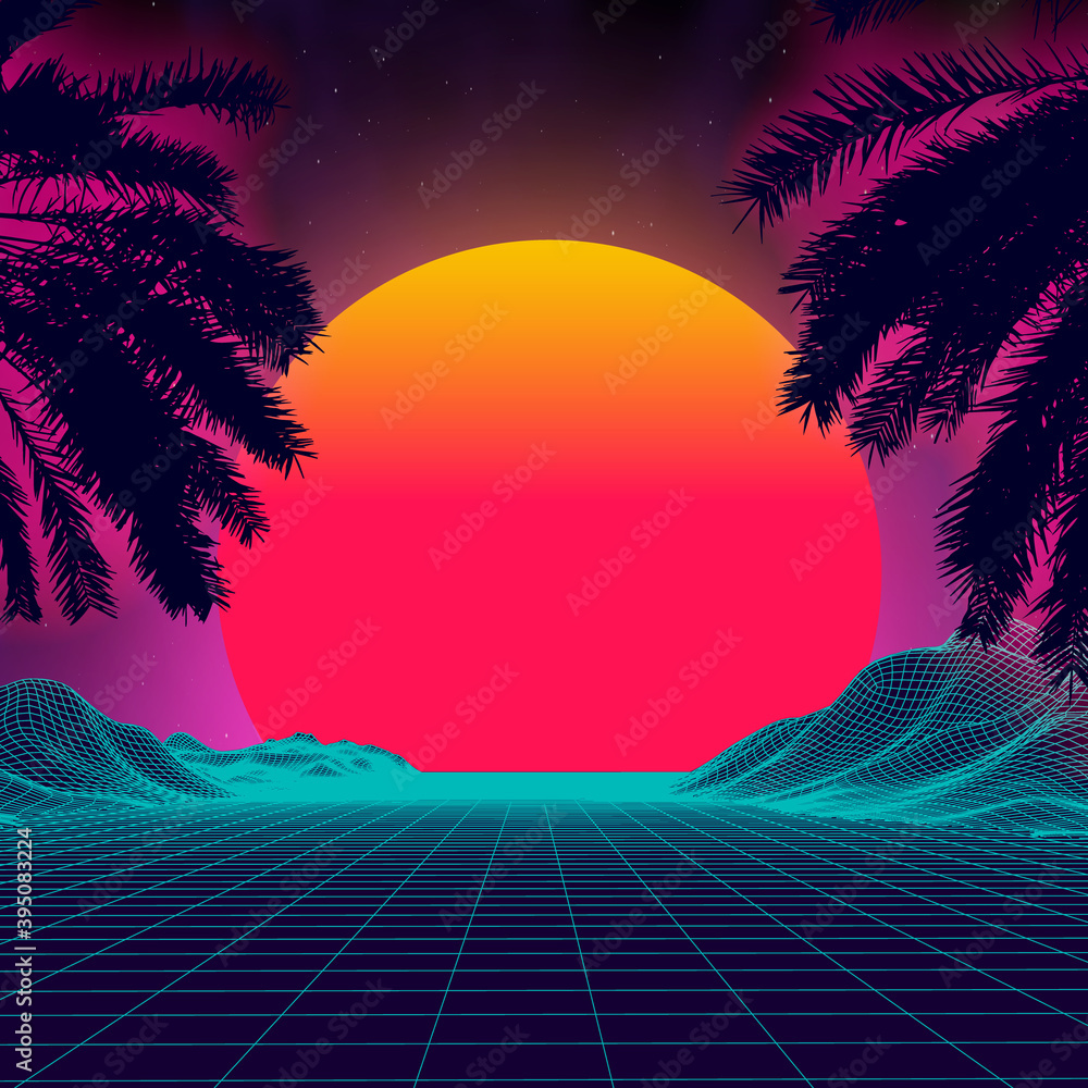 3d sunset on the beach. Retro palms vector sci fi background. Digital ...