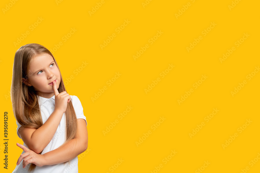 Curious kid. Commercial background. Special offer. Portrait of pensive ...