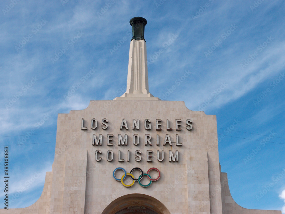 Los Angeles Memorial Coliseum sign on top of building Stock Photo ...