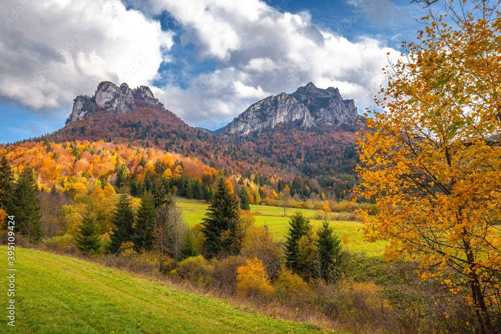 Autumn rural landscape with mountains peaks on background. The Vratna ...