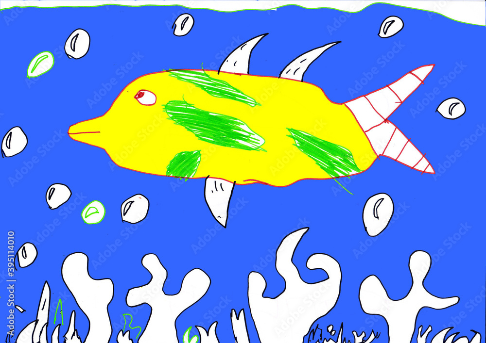 kid 5 years old drawing sketch illustration of a fish under the sea ...
